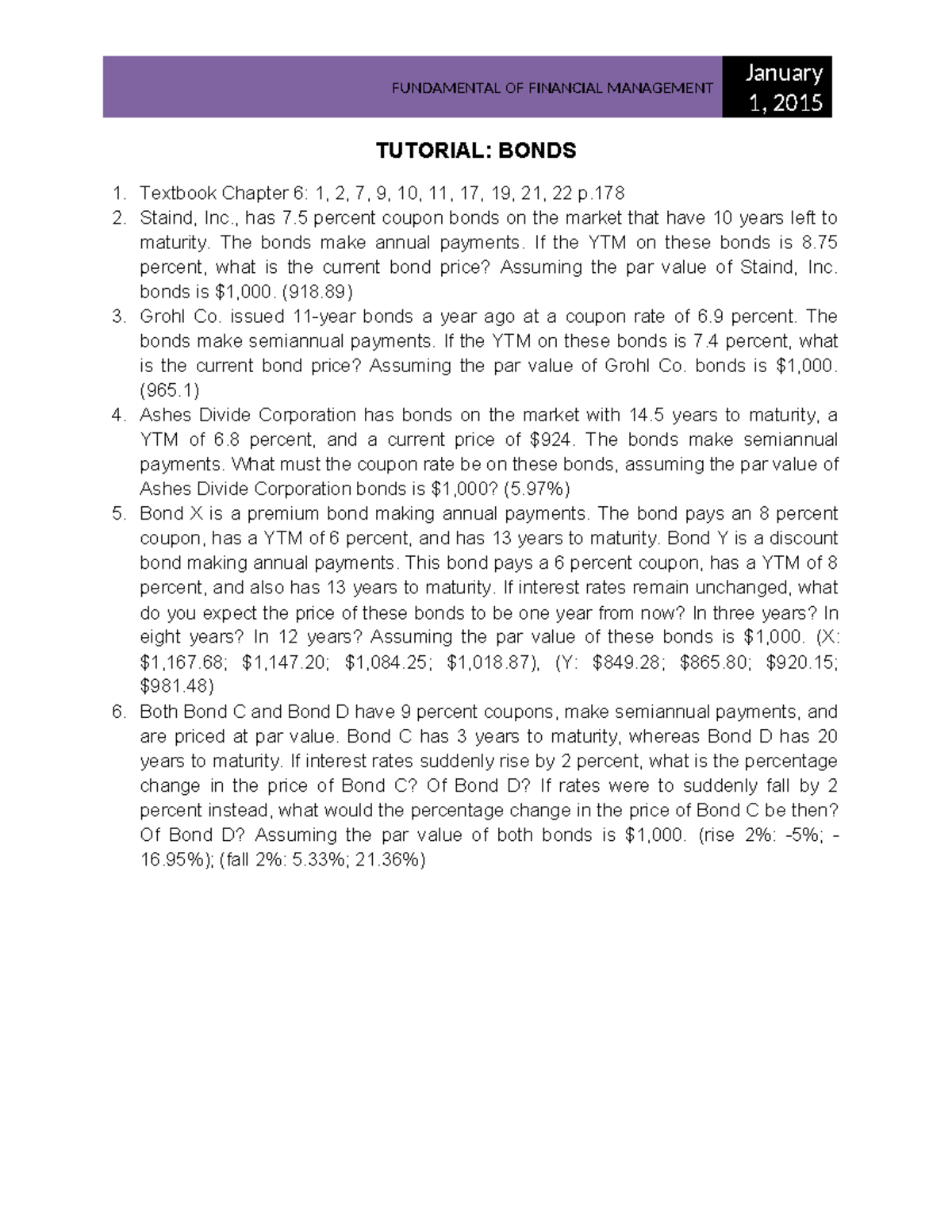 Tutorial Bonds answers - FUNDAMENTAL OF FINANCIAL MANAGEMENT January 1 ...