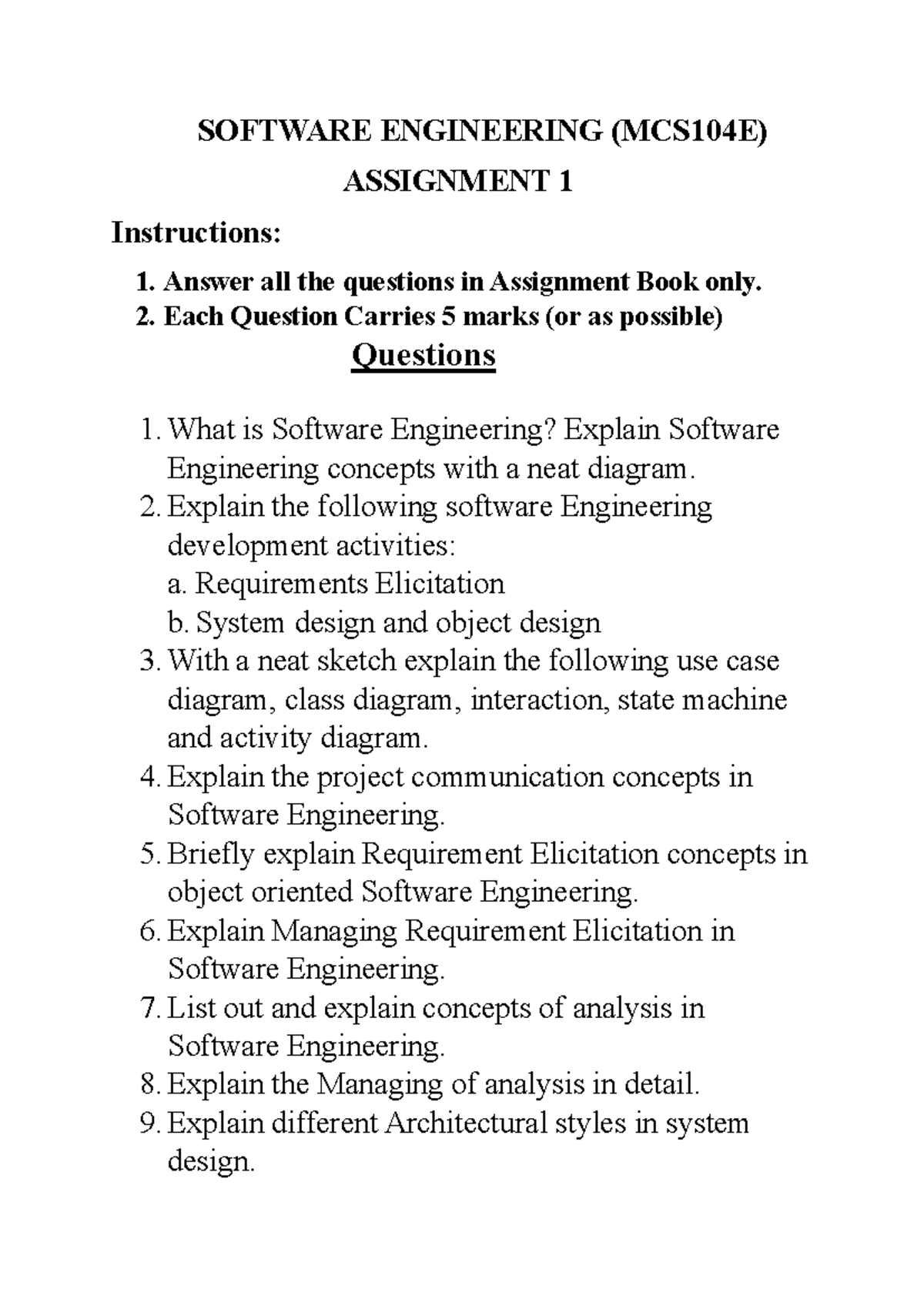 MCS104E Software Engineering Assignment 1 Questions and Guidelines - Studocu