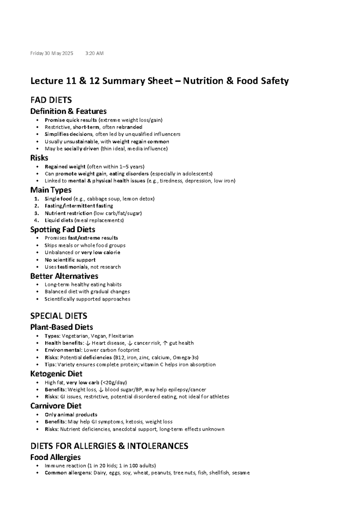 Lecture 11 & 12 Summary Sheet: Nutrition & Food Safety Insights - Studocu