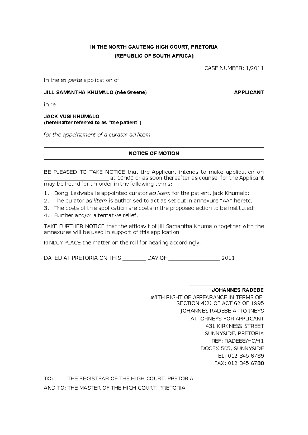 PP HC1.1 Notice of Motion for Curator ad Litem Appointment - Studocu