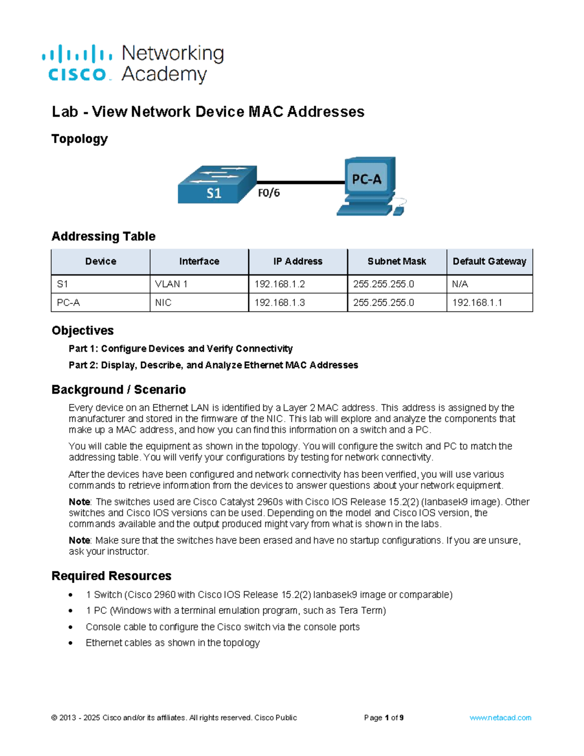 7.2.7 Lab - Analyzing Network Device MAC Addresses and Connectivity ...