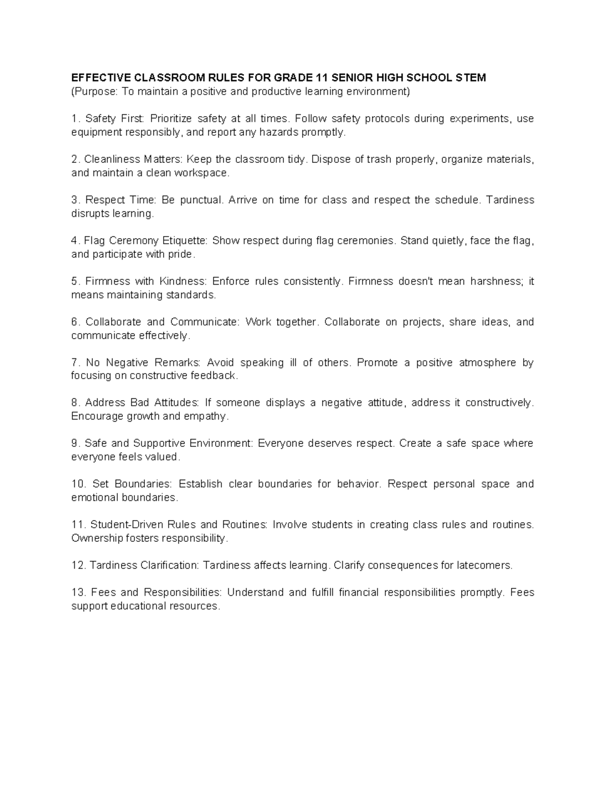 Classroom Rules for Grade 11 STEM (GC) - Effective Guidelines - Studocu
