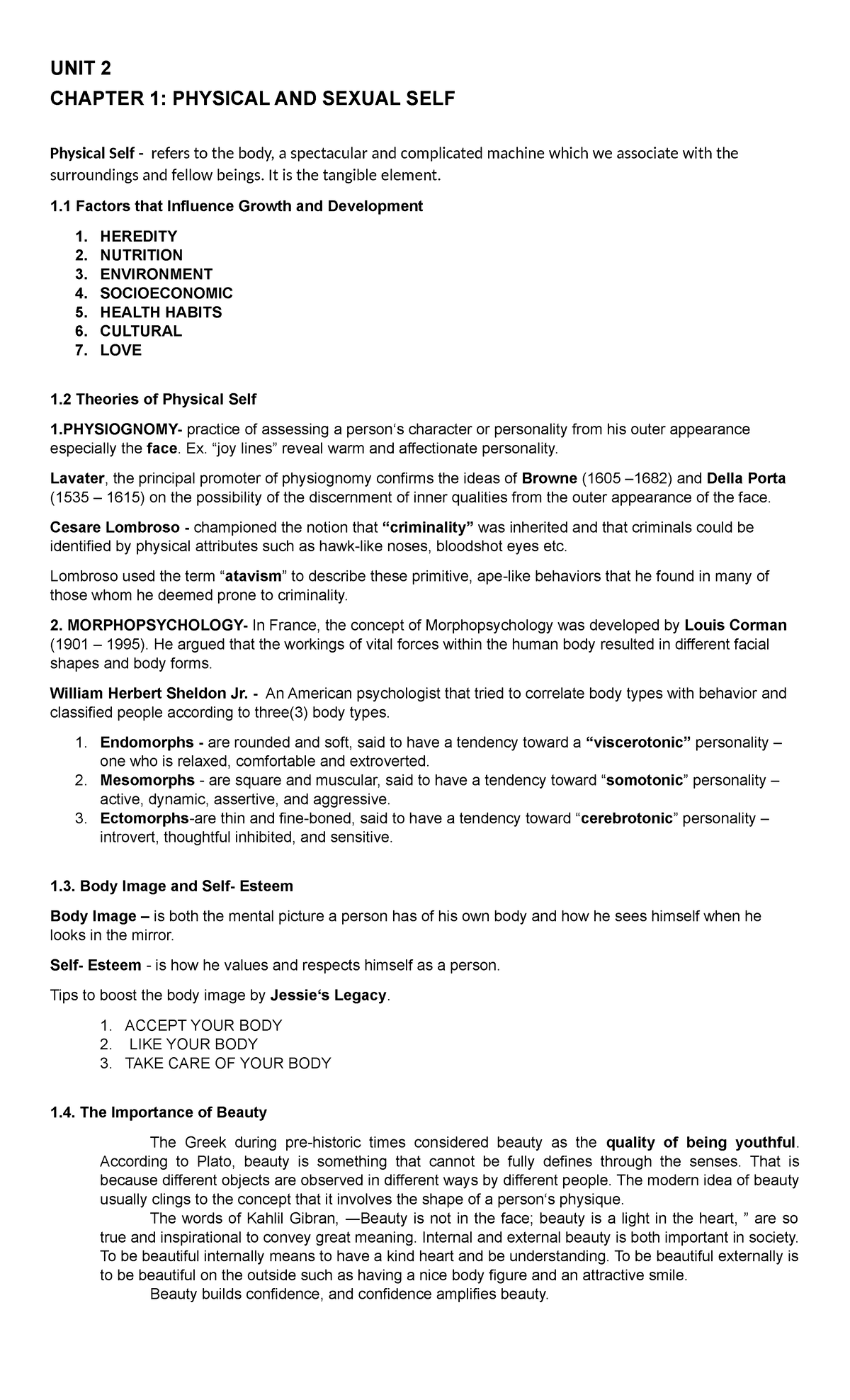 Physical and Sexual Self Summary - UNIT 2 CHAPTER 1: PHYSICAL AND SEXUAL SELF Physical Self ...