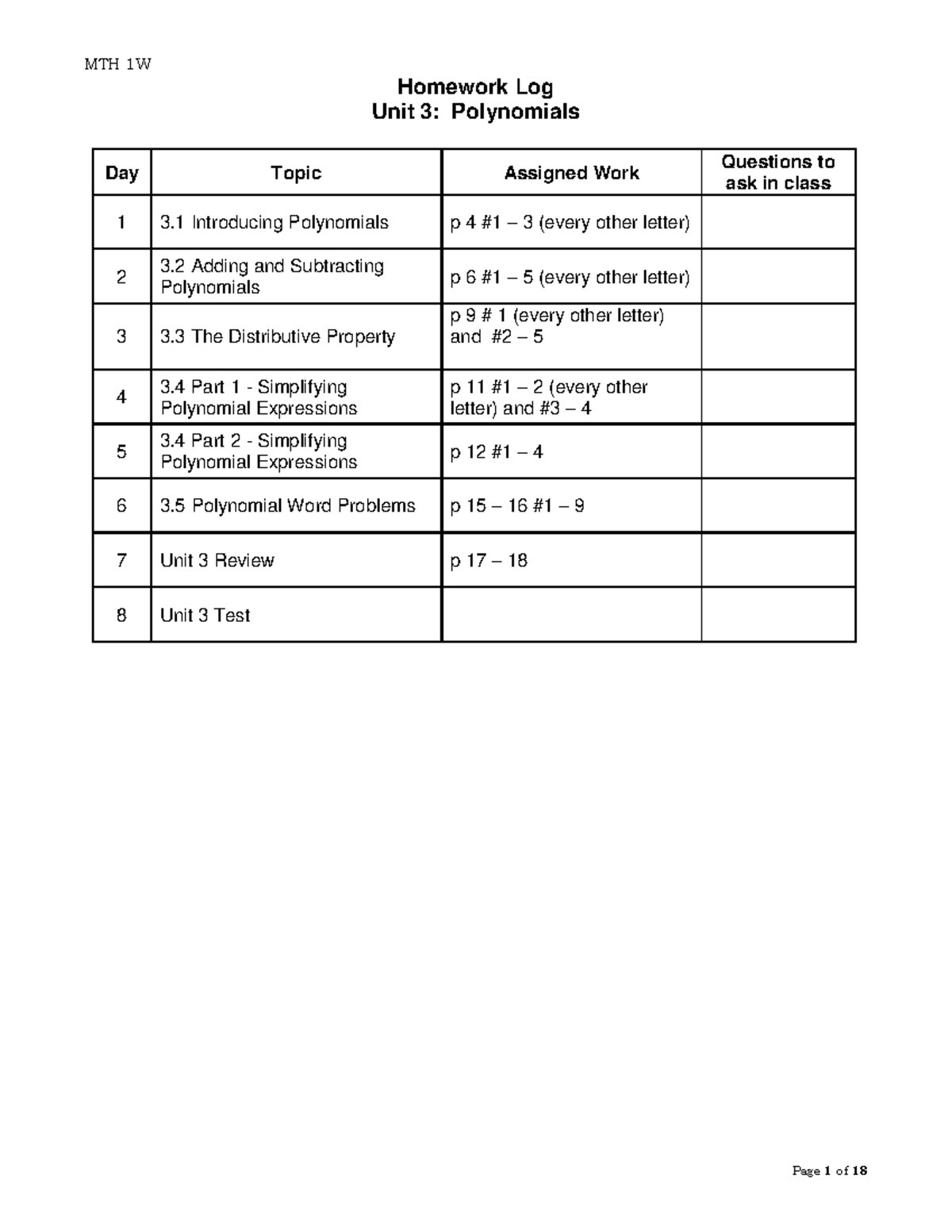 MTH 1W Unit 3 Homework Log: Polynomials and Simplification Techniques ...