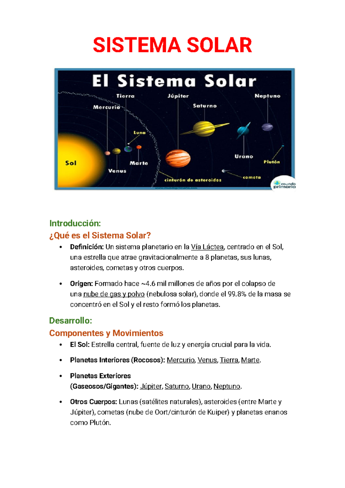 SISTEMA SOLAR: Introducción y Componentes del Sistema Solar - Studocu