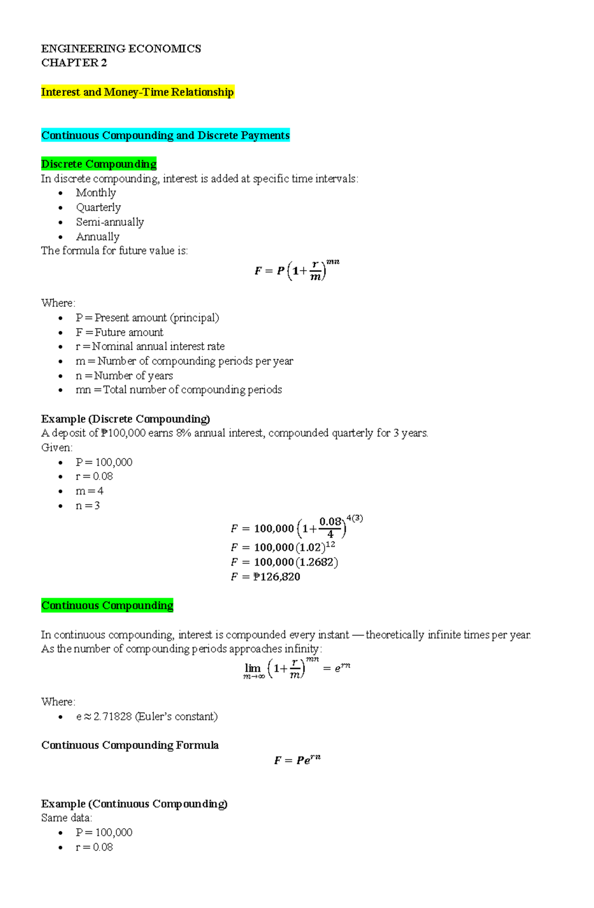 Engineering Economics CH 2: Discrete & Continuous Compounding - Studocu