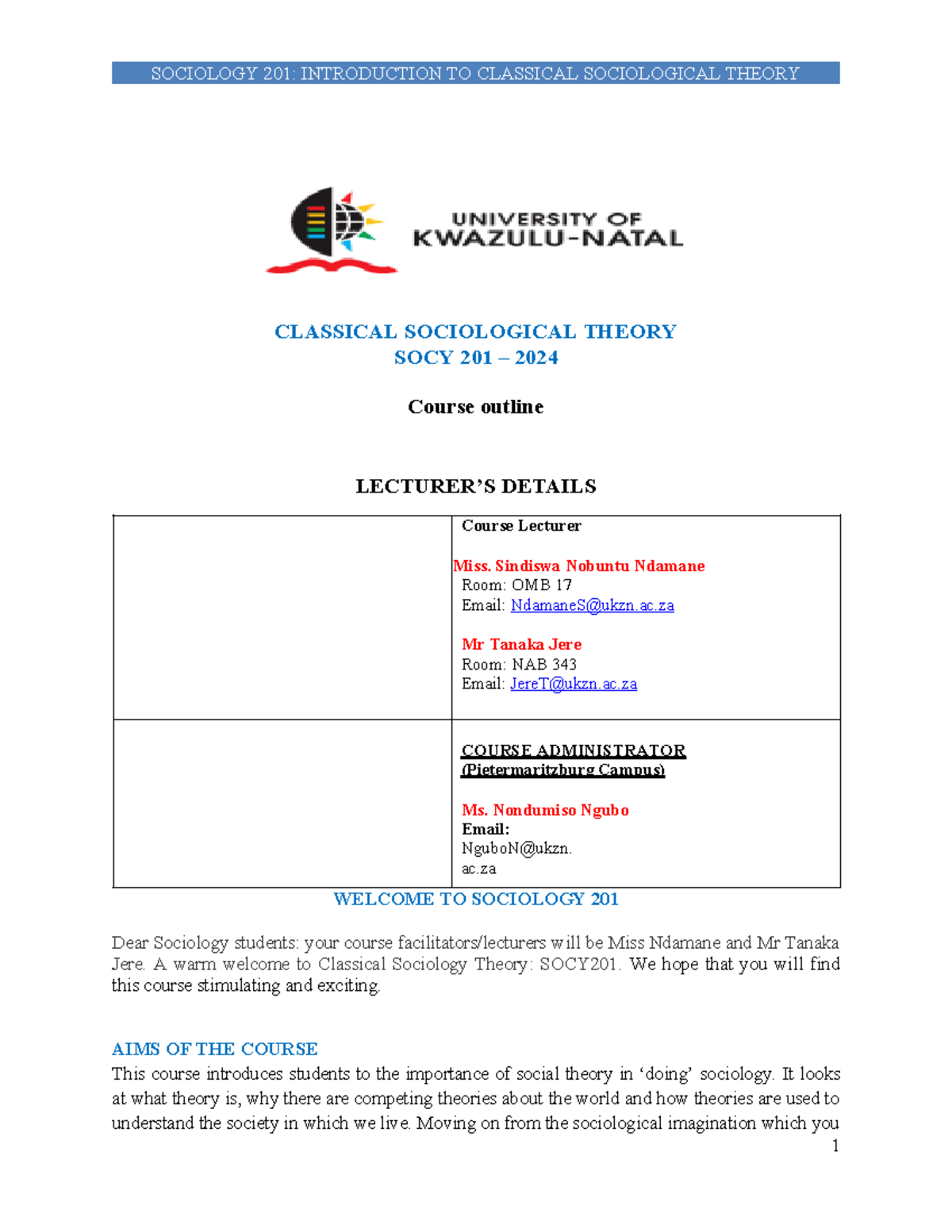 Classical Sociological Theory Course Outline SOCY201 PMB 2024 - Studocu