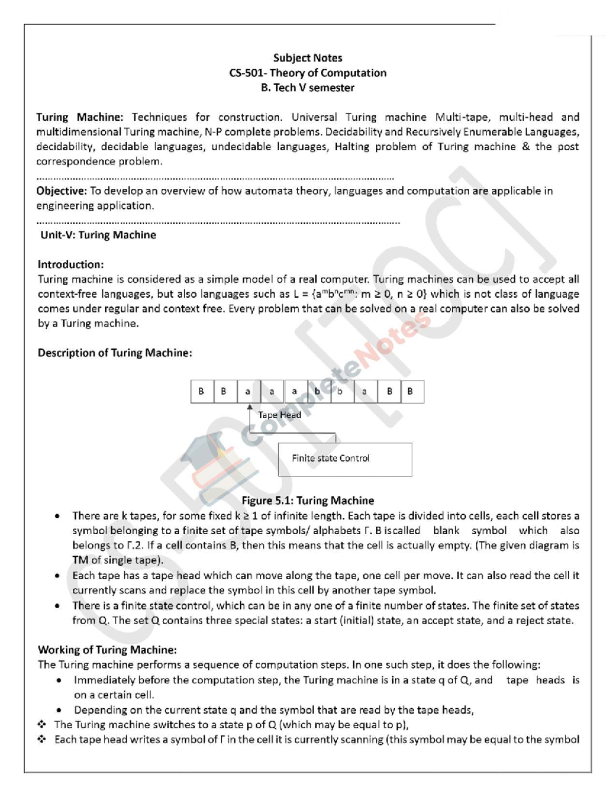 Unit 5 - Theory of Computation: Turing Machines & Decidability Concepts ...