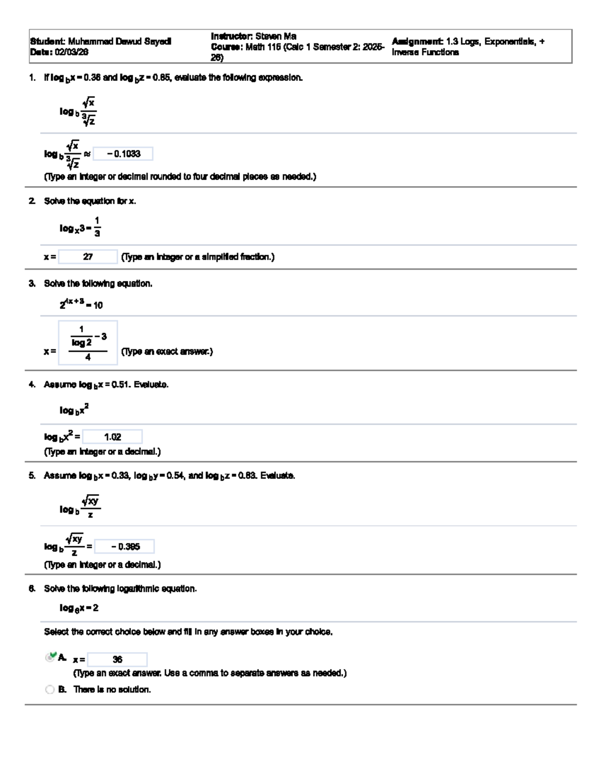 Math 115 Assignment: Logs, Exponentials, & Inverses - Studocu