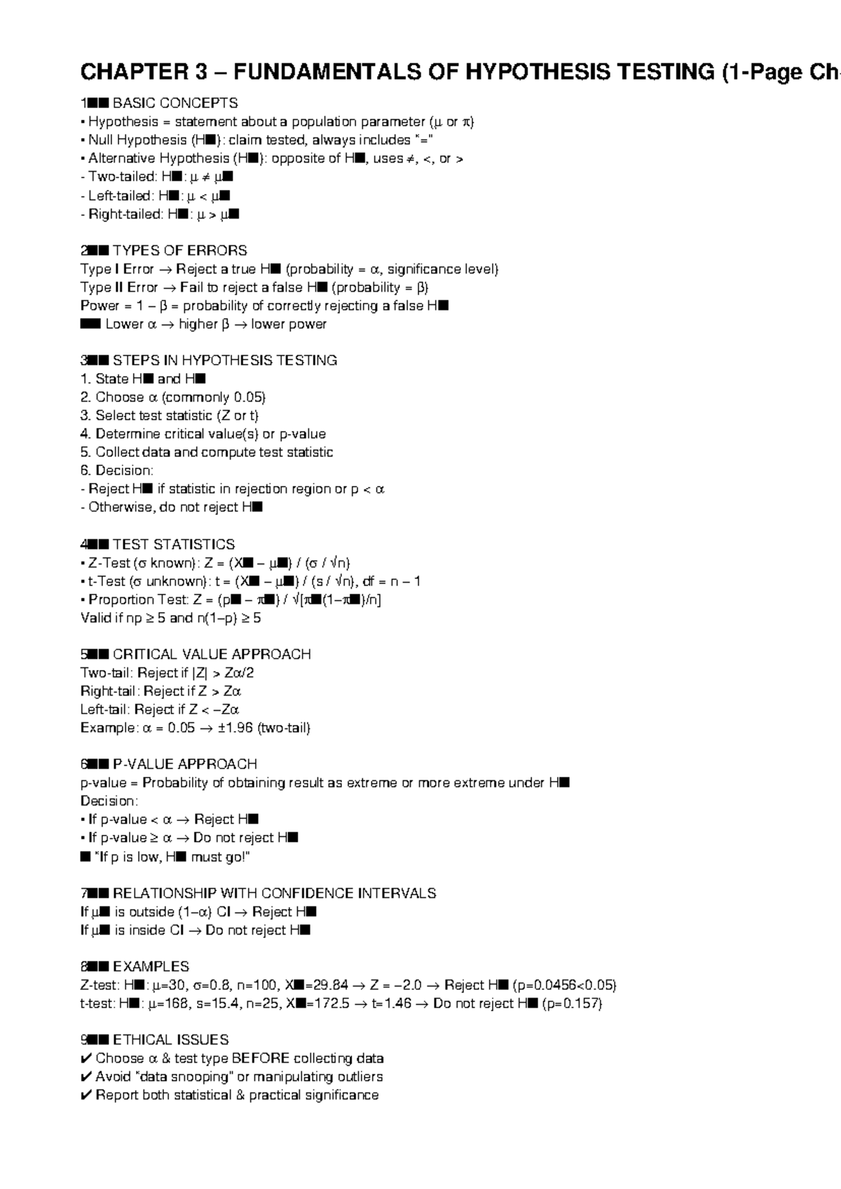 CHAPTER 3: FUNDAMENTALS OF HYPOTHESIS TESTING Cheat Sheet - Studocu