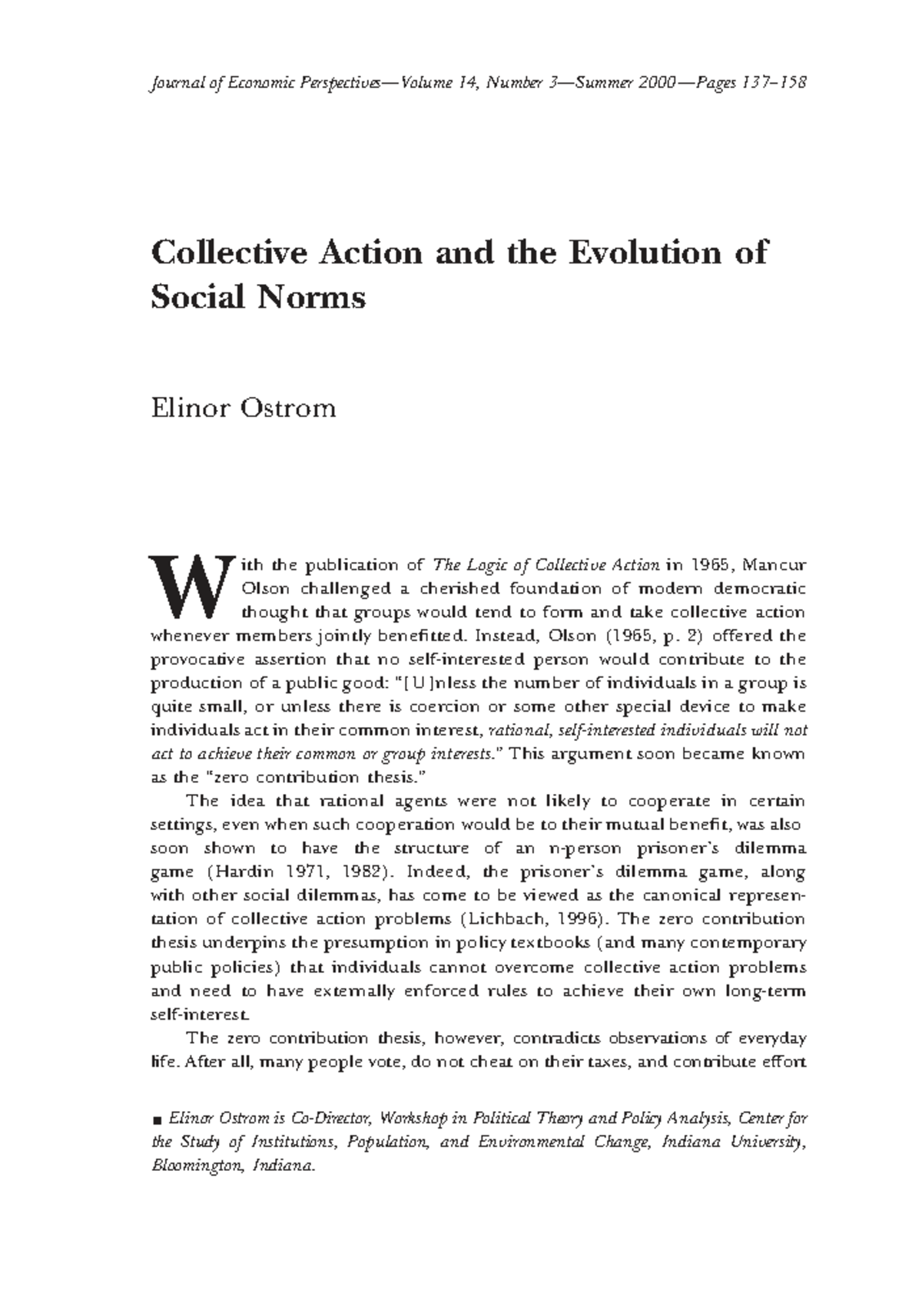 Ostrom 2000: Collective Action & Evolution of Social Norms - Studocu