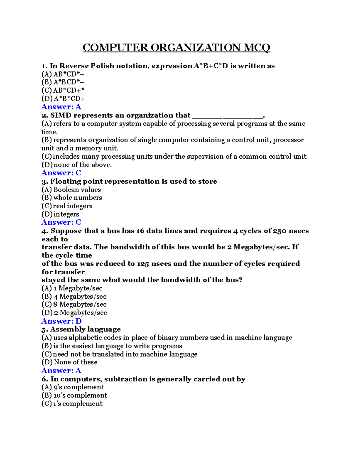 Computer Organization MCQ Review for Exam Prep - Studocu