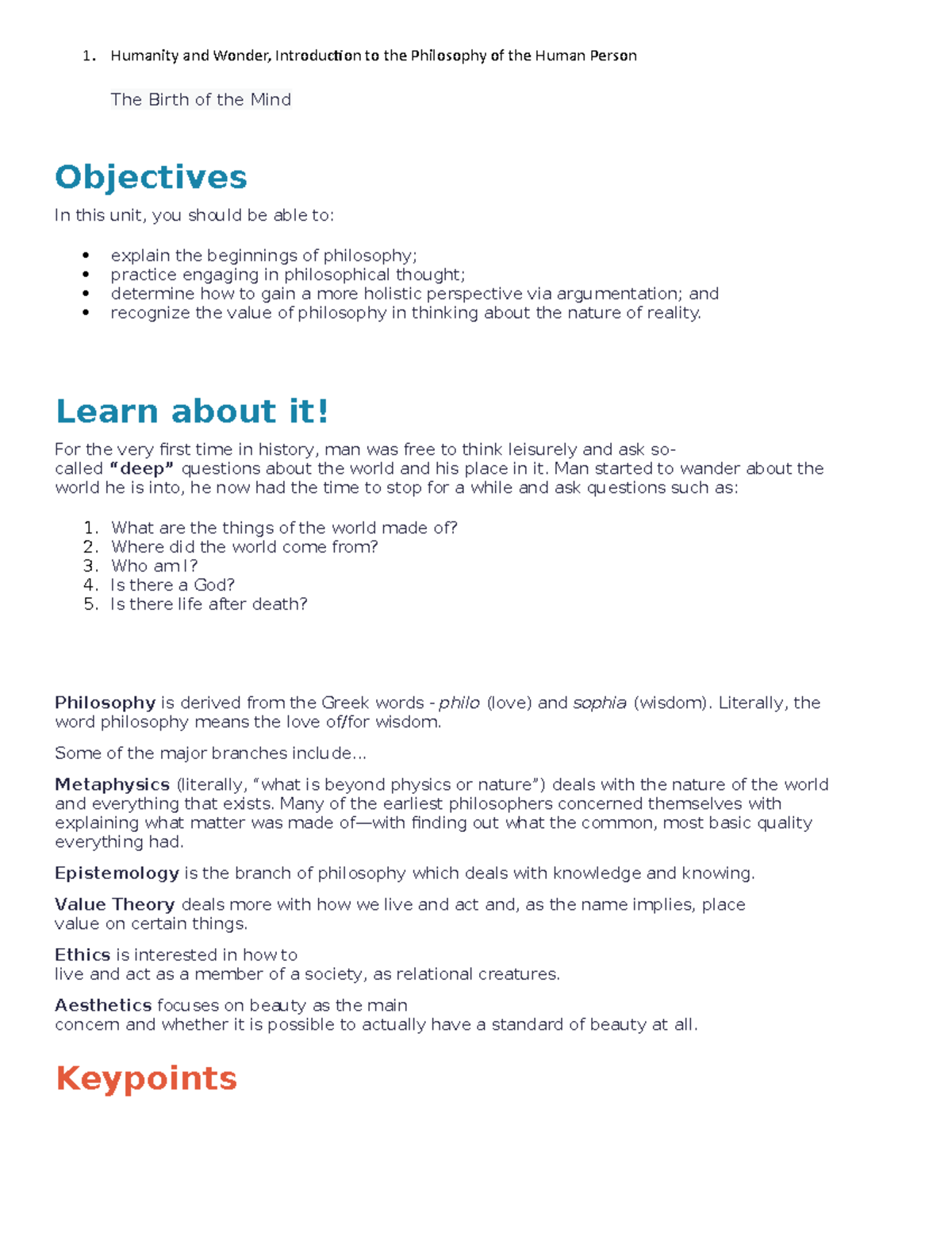 PHIL 101 - Humanity and Wonder: Intro to Philosophy of the Human Person ...