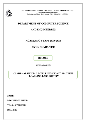 Artificial Intelligence and Machine Learning - CS3491 - Studocu