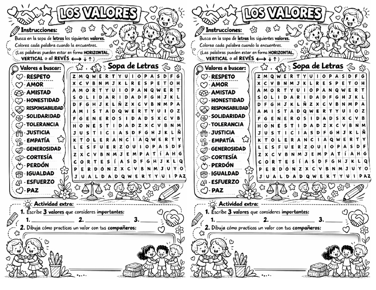 Sopa de Letras: Valores a Buscar y Actividades Interactivas - Studocu
