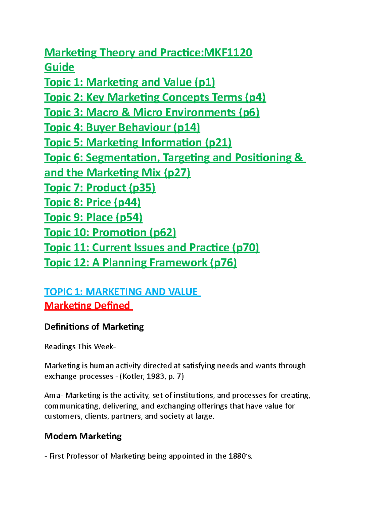 MKF- Notes - Marketing Theory and Practice:MKF Guide Topic 1: Marketing ...