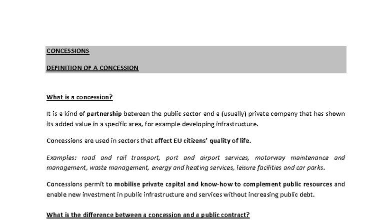 CONCESSIONS: DEFINITION AND COMPARISON TO PUBLIC CONTRACTS - Studocu