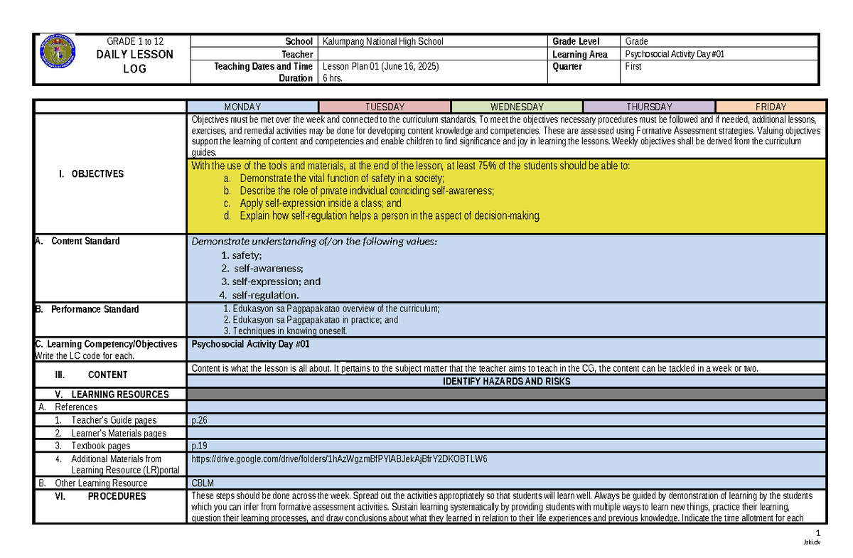 Grade 1-12 DLL 01: Psychosocial Activities Lesson Plan (June 16, 2025 ...
