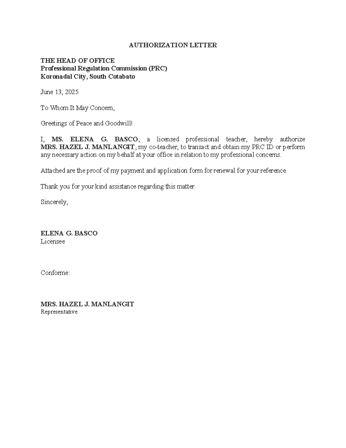 Authorization Letter for PRC ID Renewal - Studocu