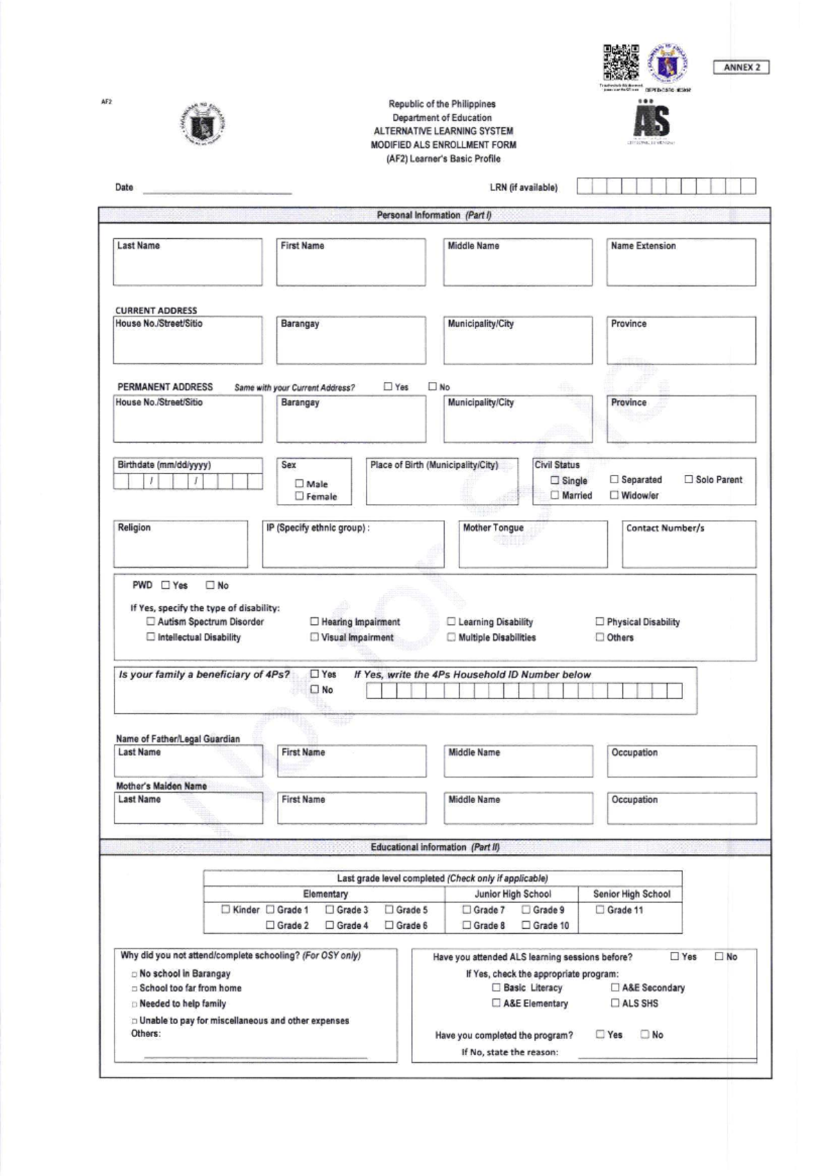 ALS Enrollment Form AF2 SY 2022-2023: Alternative Learning System - Studocu