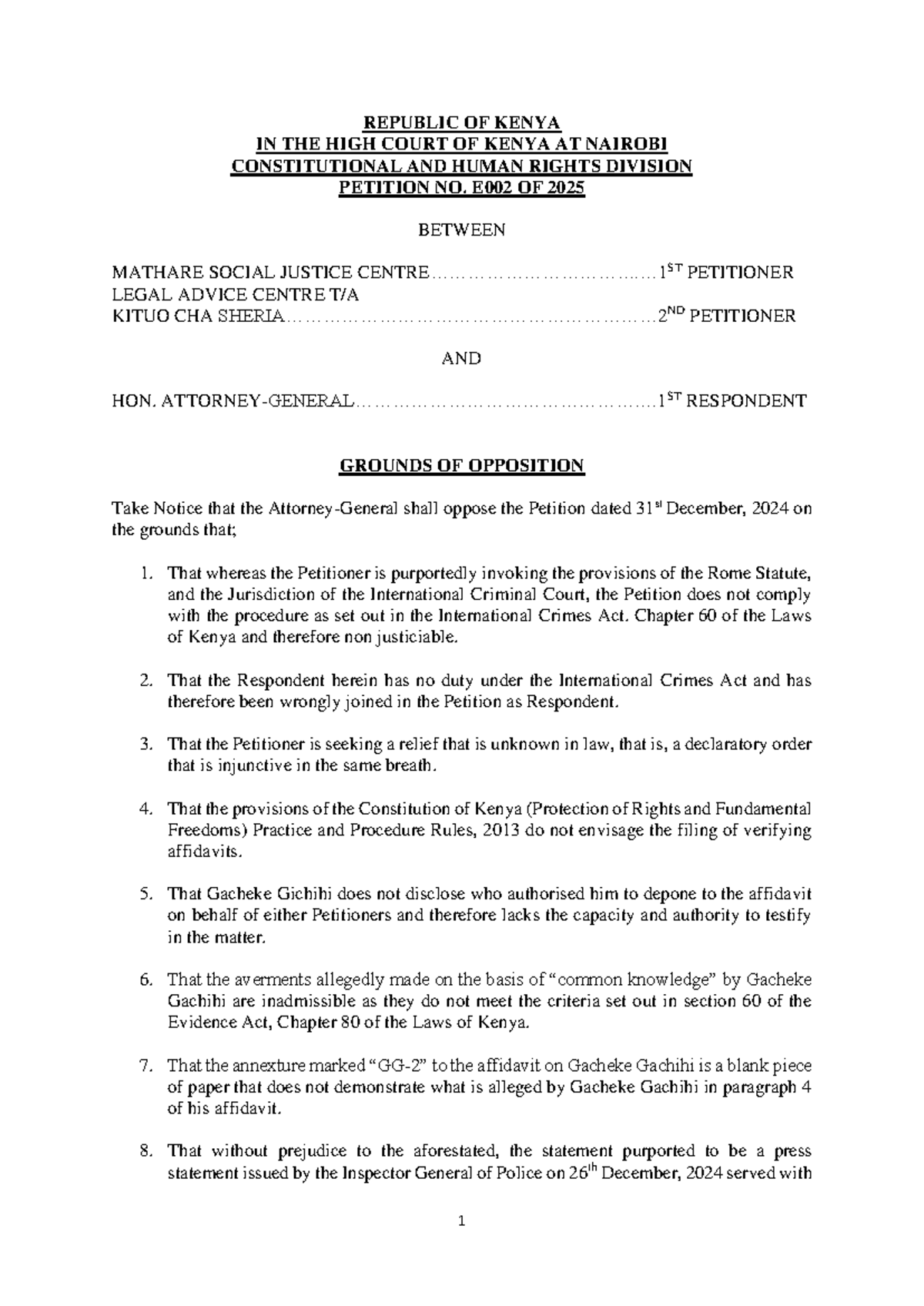Petition No. E002 of 2025: Grounds of Opposition in High Court Case ...