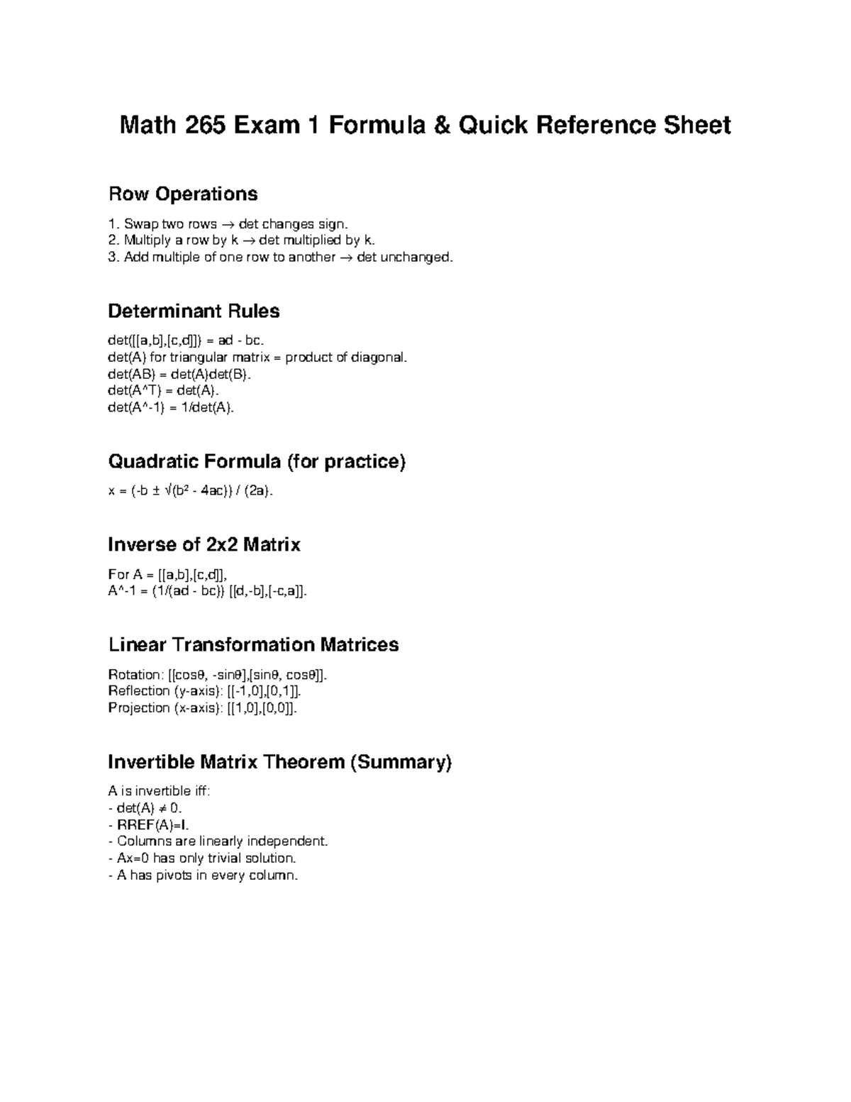 Math265 Formula Sheet - Notes - Math 265 Exam 1 Formula & Quick ...