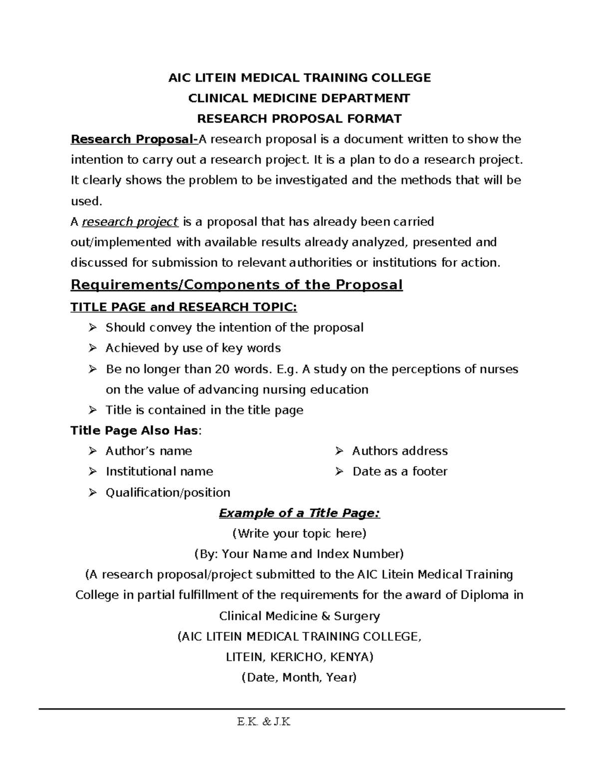 Format OF Research Proposal - AIC LITEIN MEDICAL TRAINING COLLEGE ...