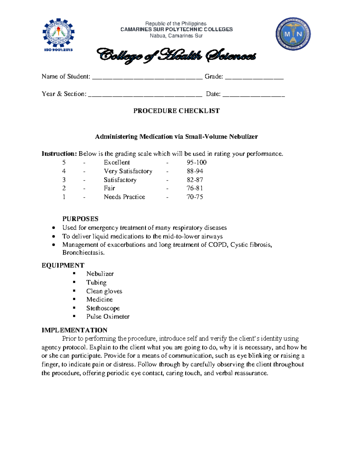 Small Volume Nebulization Procedure Checklist for Nursing Students ...