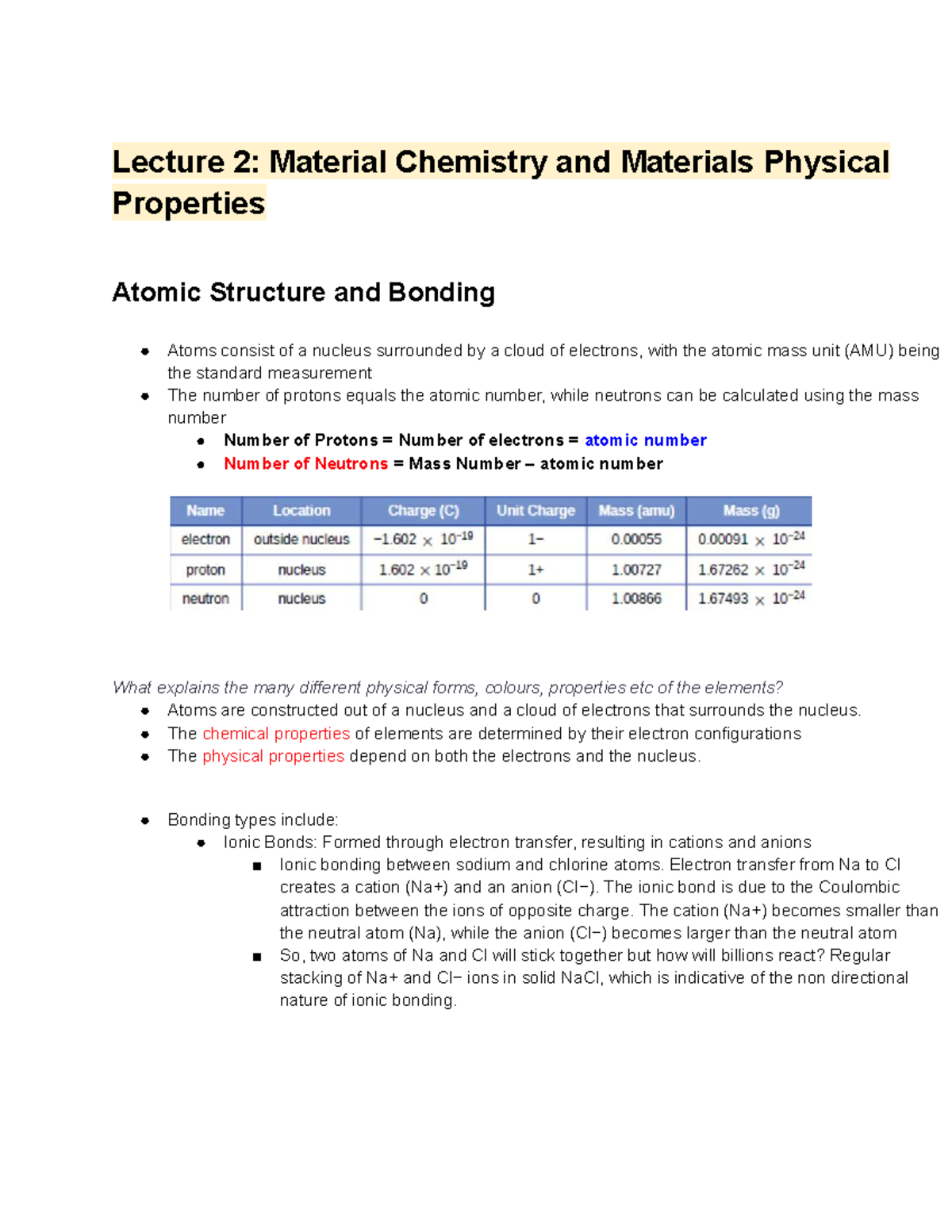 Lecture 2: Material Chemistry & Physical Properties (56789) - Studocu