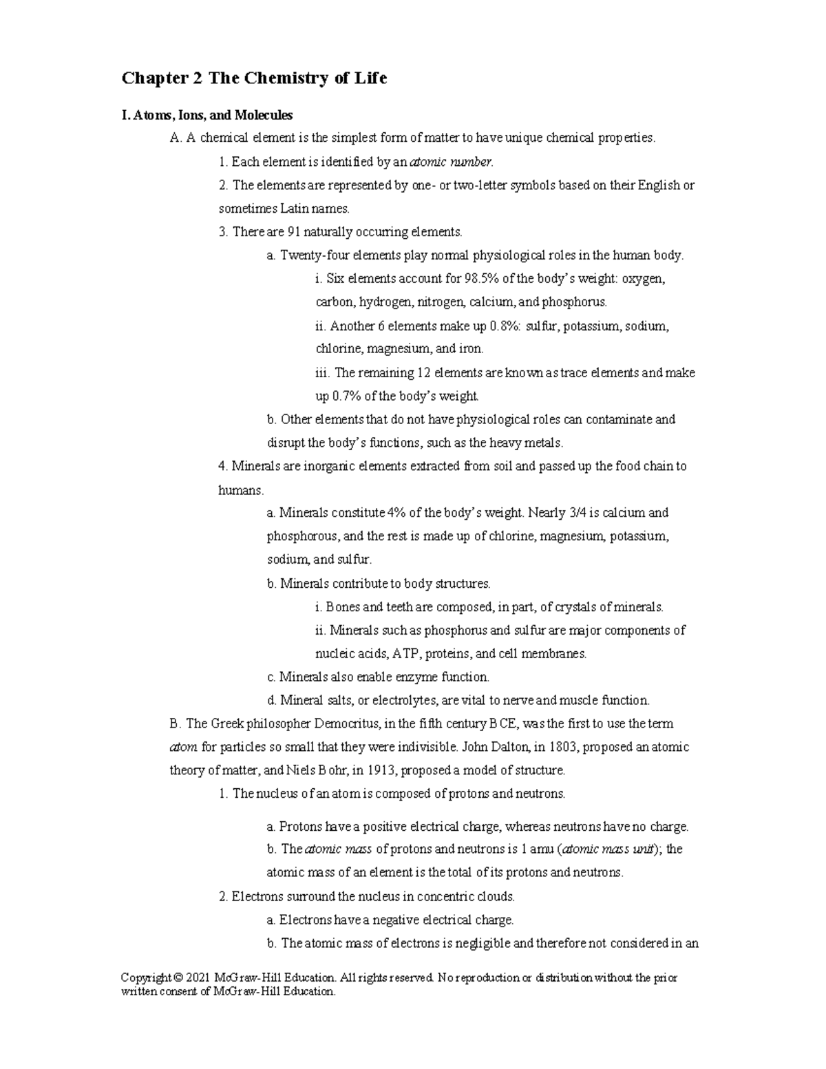 Chapter 2 (BIO101) Outline: The Chemistry of Life - Atoms, Ions, and ...