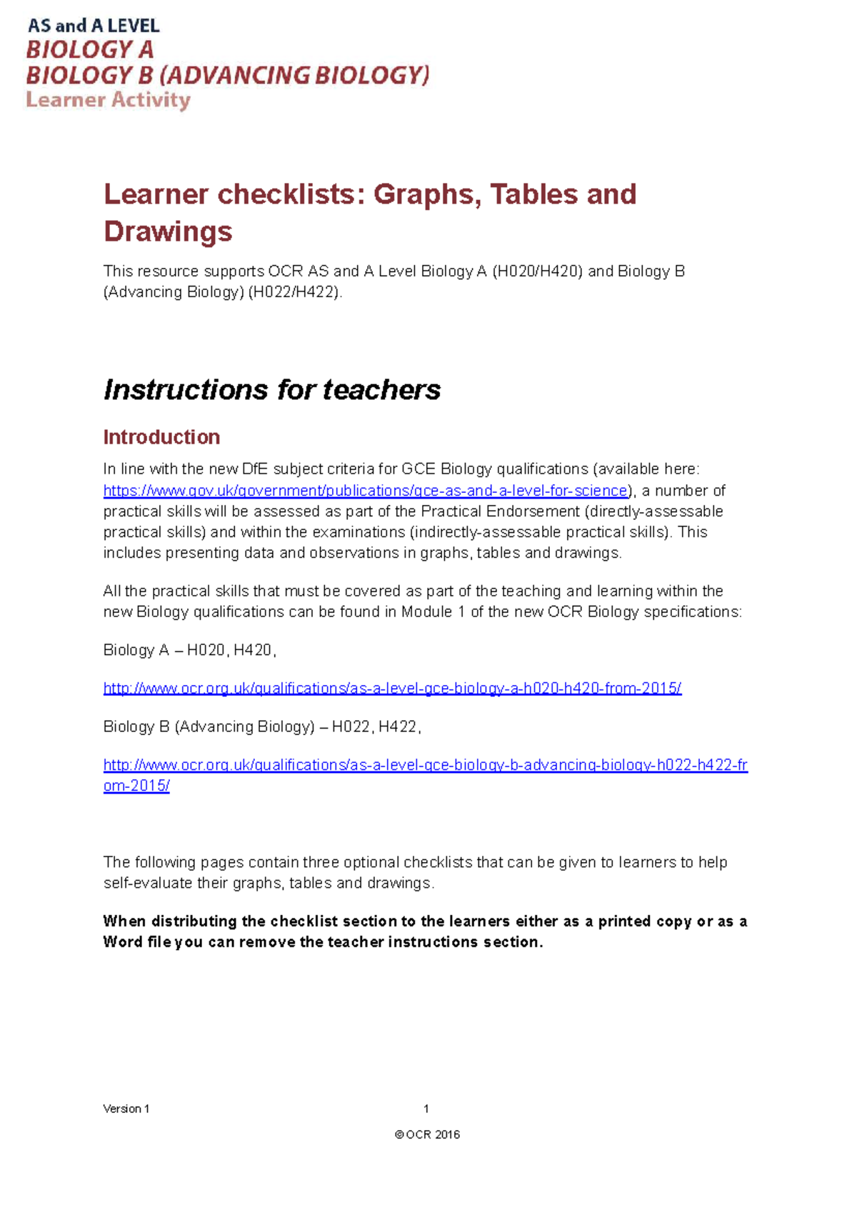OCR AS & A Level Biology H020/H420: Graph, Table & Drawing Checklists ...
