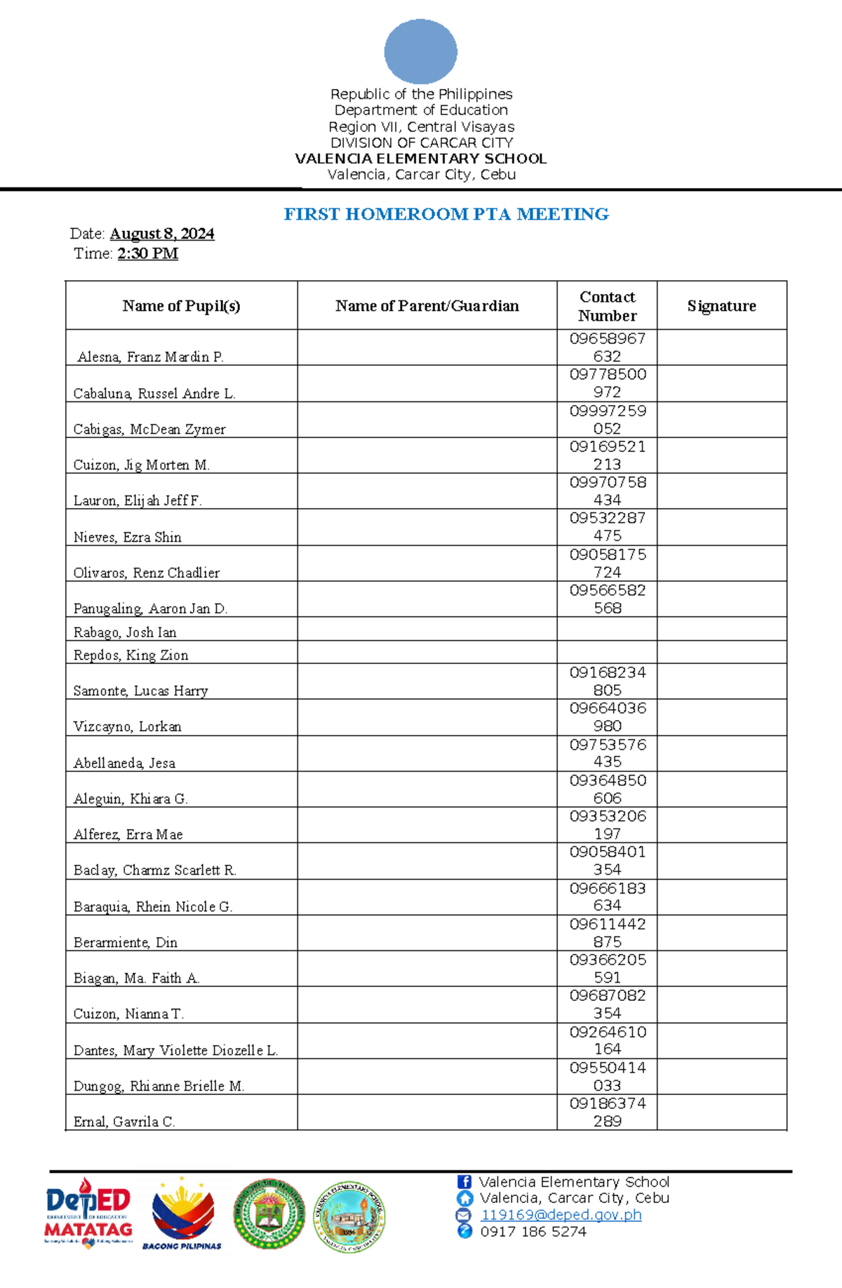 Attendance Sheet for First Homeroom PTA Meeting 2024 - Studocu