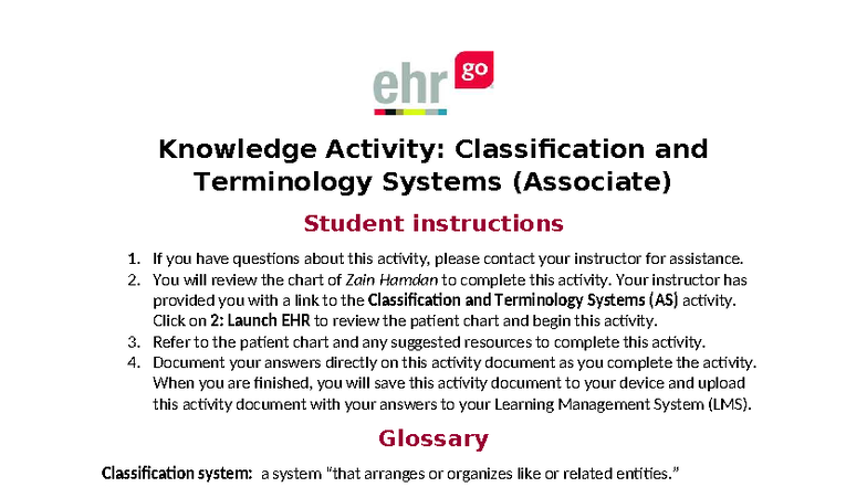 Classification and Terminology Systems Activity (Associate) HAK1001.3 ...