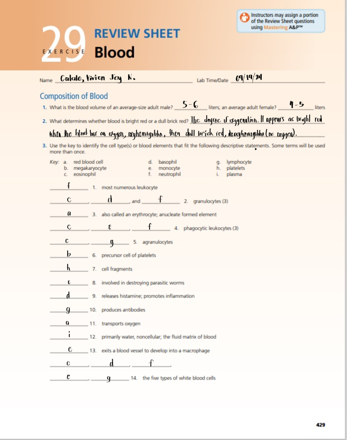 Anaphy Lab Activity Sheet (BIO101): Understanding Blood Composition and ...