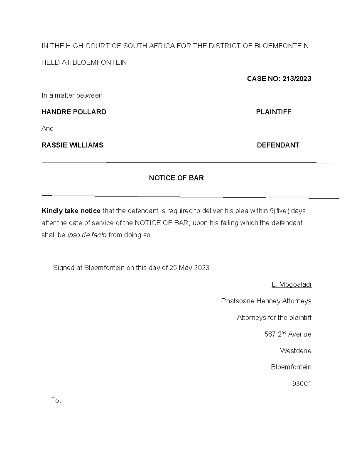 Notice of bar (LCLE) - Legal Drafting - IN THE HIGH COURT OF SOUTH ...