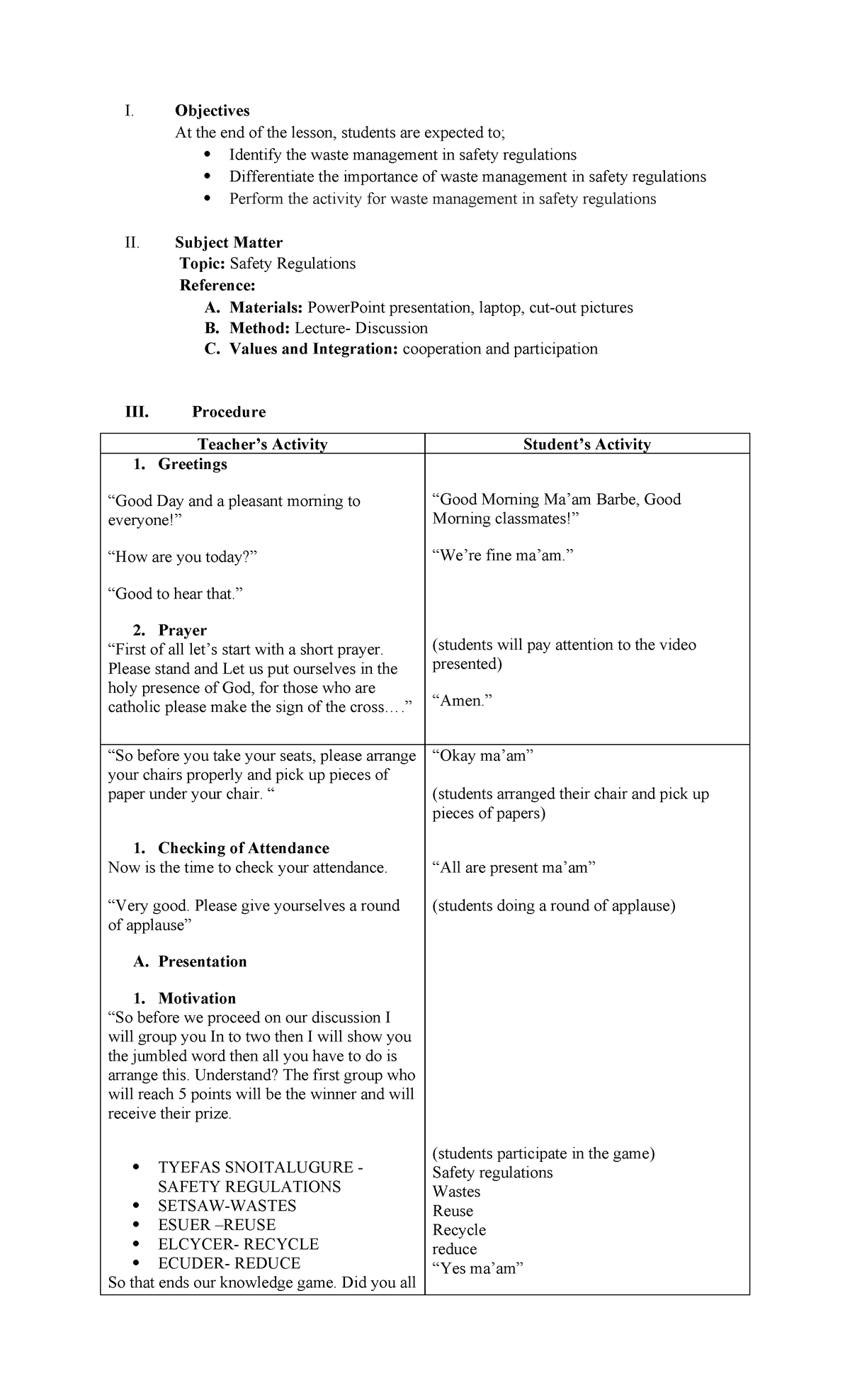 TLE DLP 1 - Comprehensive Lesson Plan on Waste Management Safety - Studocu