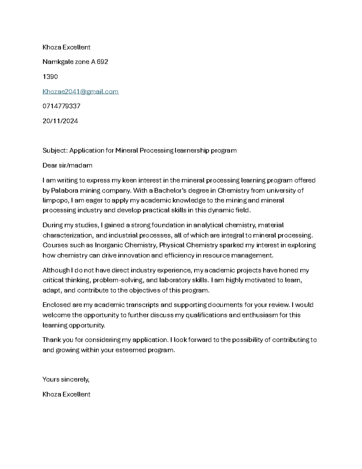 Application Letter for Mineral Processing Learnership Program - Studocu