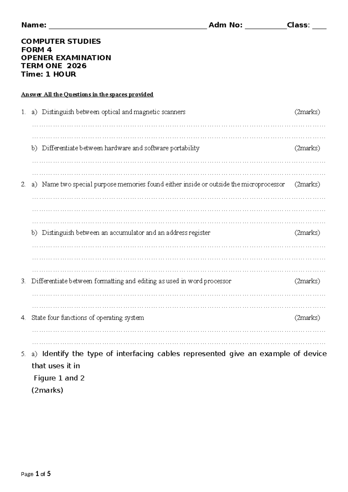 CST F4T126 - Computer Studies Term 1 Opener Exam 2026 - Studocu