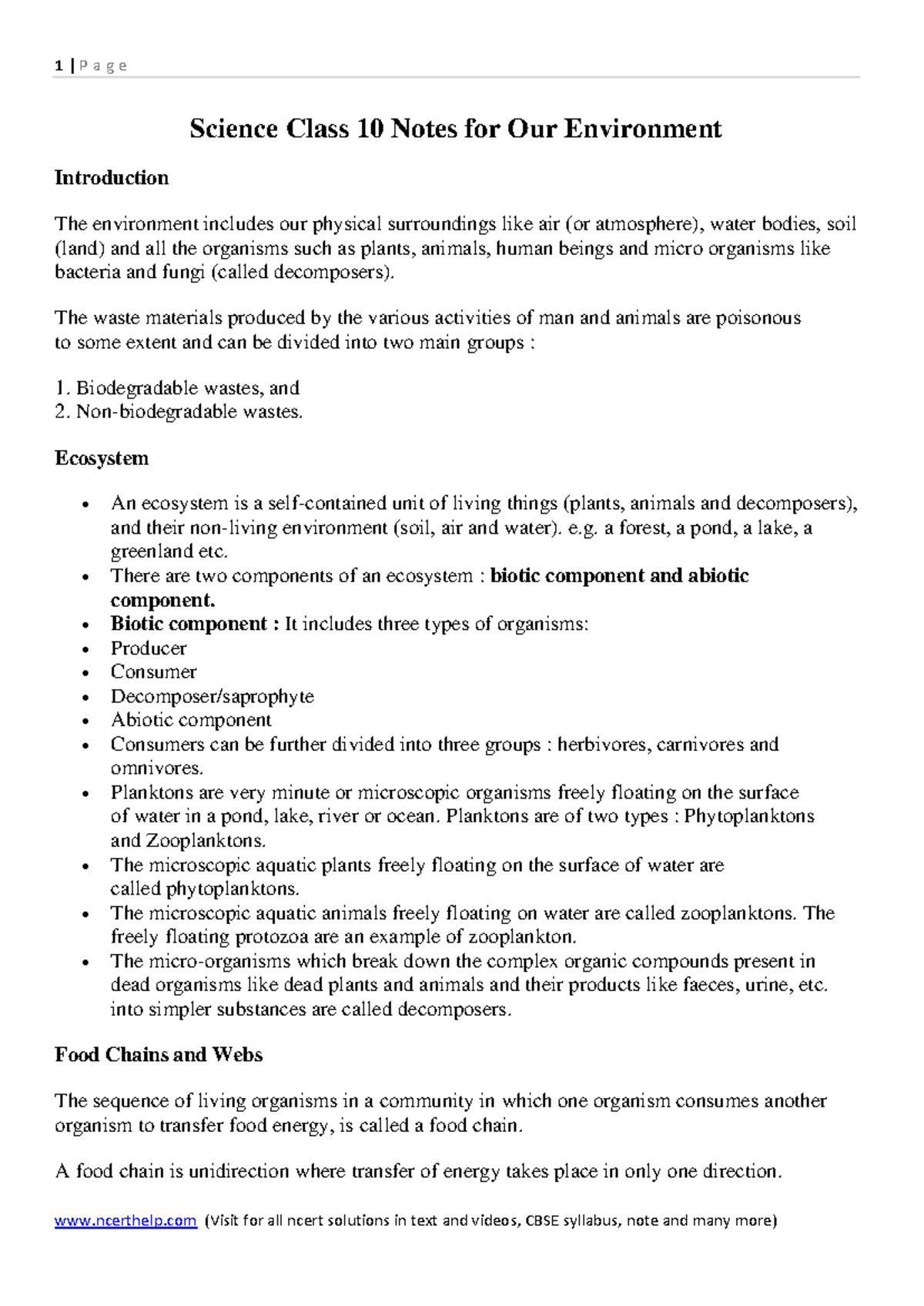 Science Notes for class 10 Chapter 15 Our Environment - 1 | P a g e ...