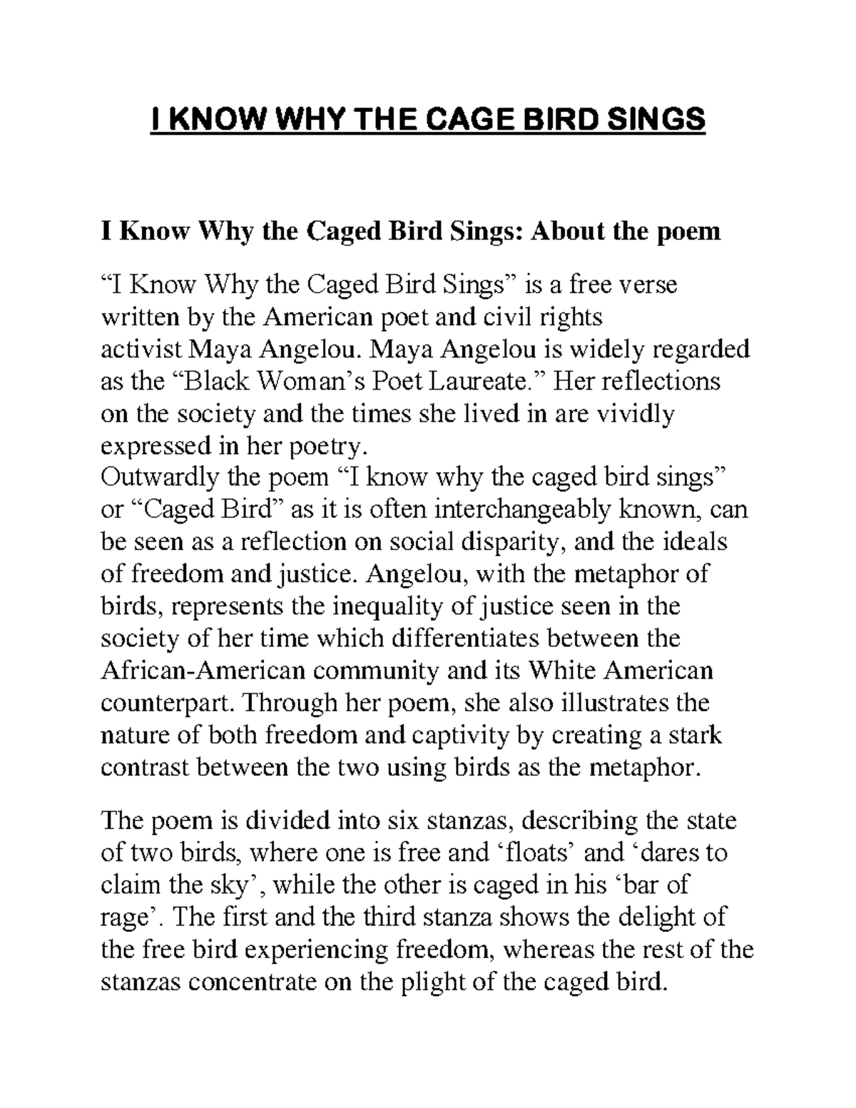 I Know Why the Caged Bird Sings: Analysis of Maya Angelou's Poem - Studocu