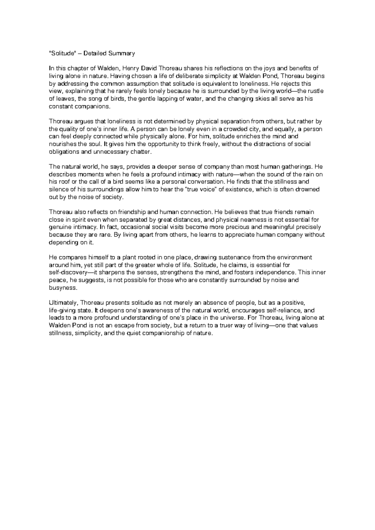 Solitude in Walden: A Detailed Summary of Thoreau's Reflections - Studocu