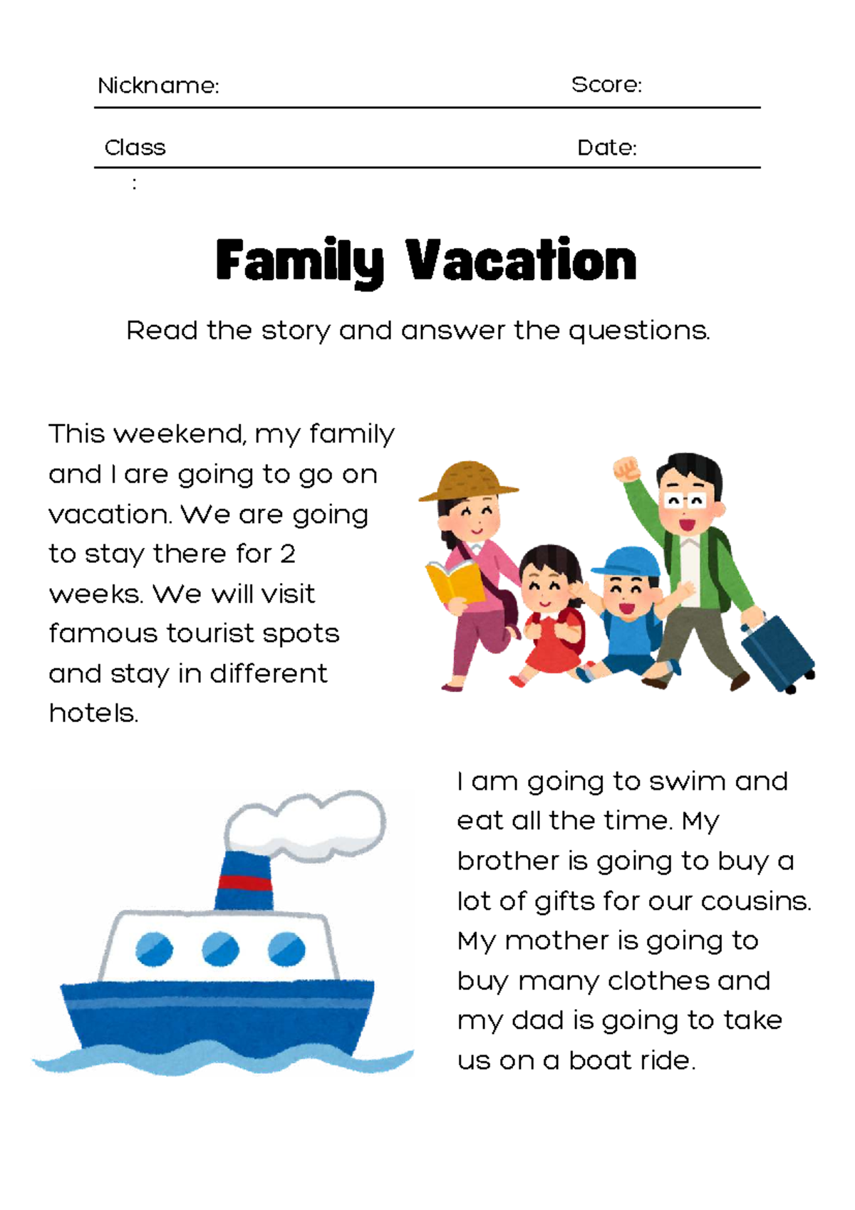 Family Vacation Reading Comprehension Worksheet - Studocu