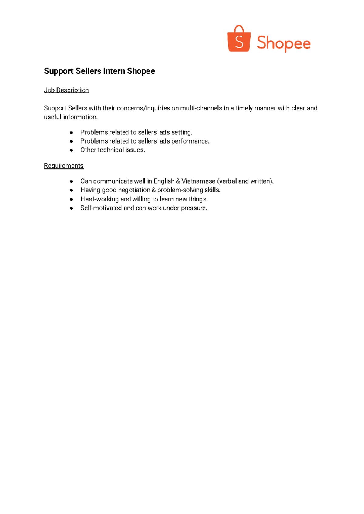 Cover Letter Cao Nguyen Huong Nhi - Support Sellers Intern Shopee Job ...