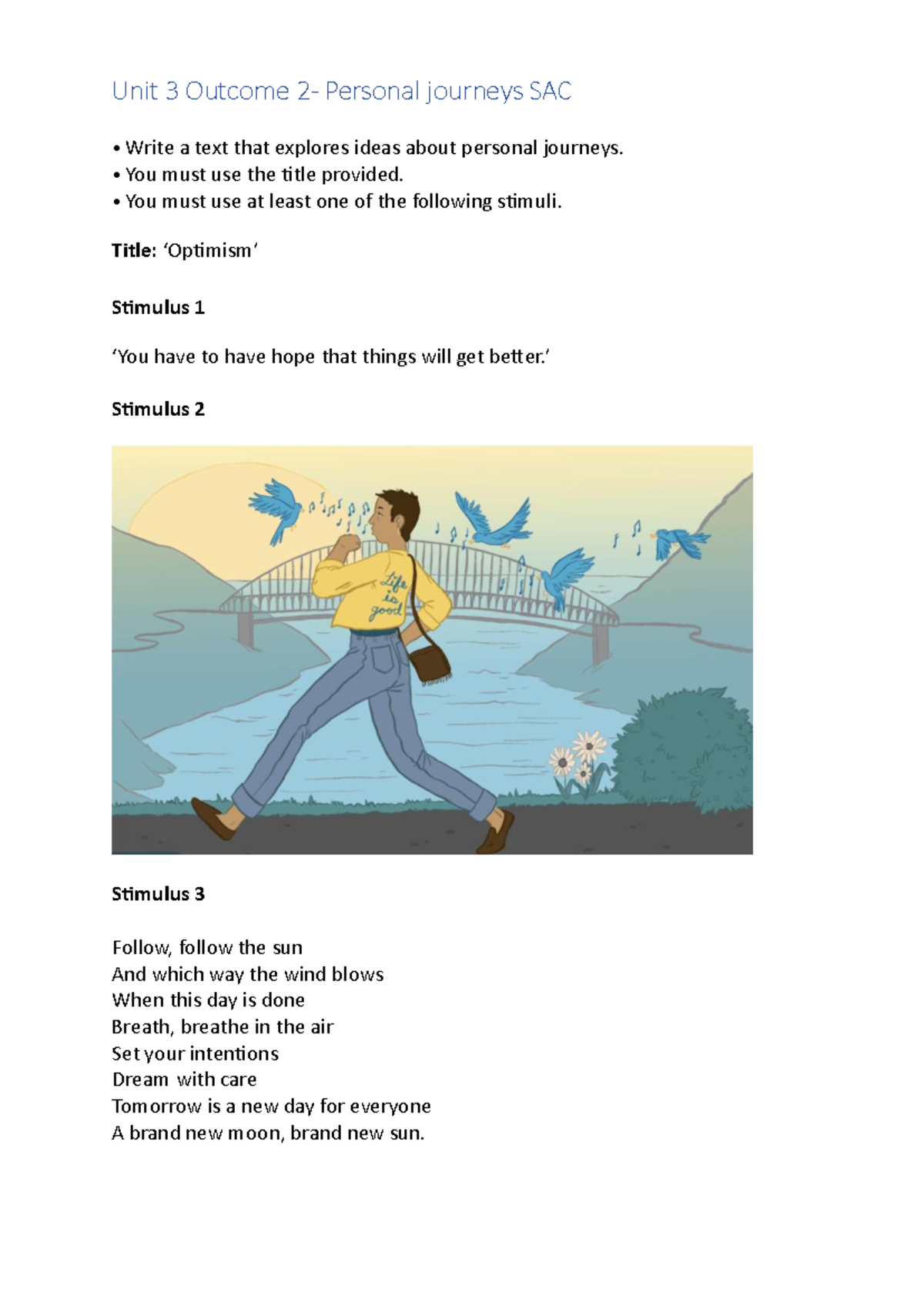 SAC U302 - prompt - Unit 3 Outcome 2- Personal journeys SAC • Write a ...