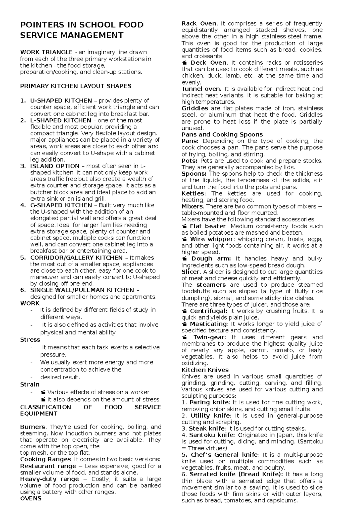Pointers for SFSM: Kitchen Layouts and Catering Management - Studocu