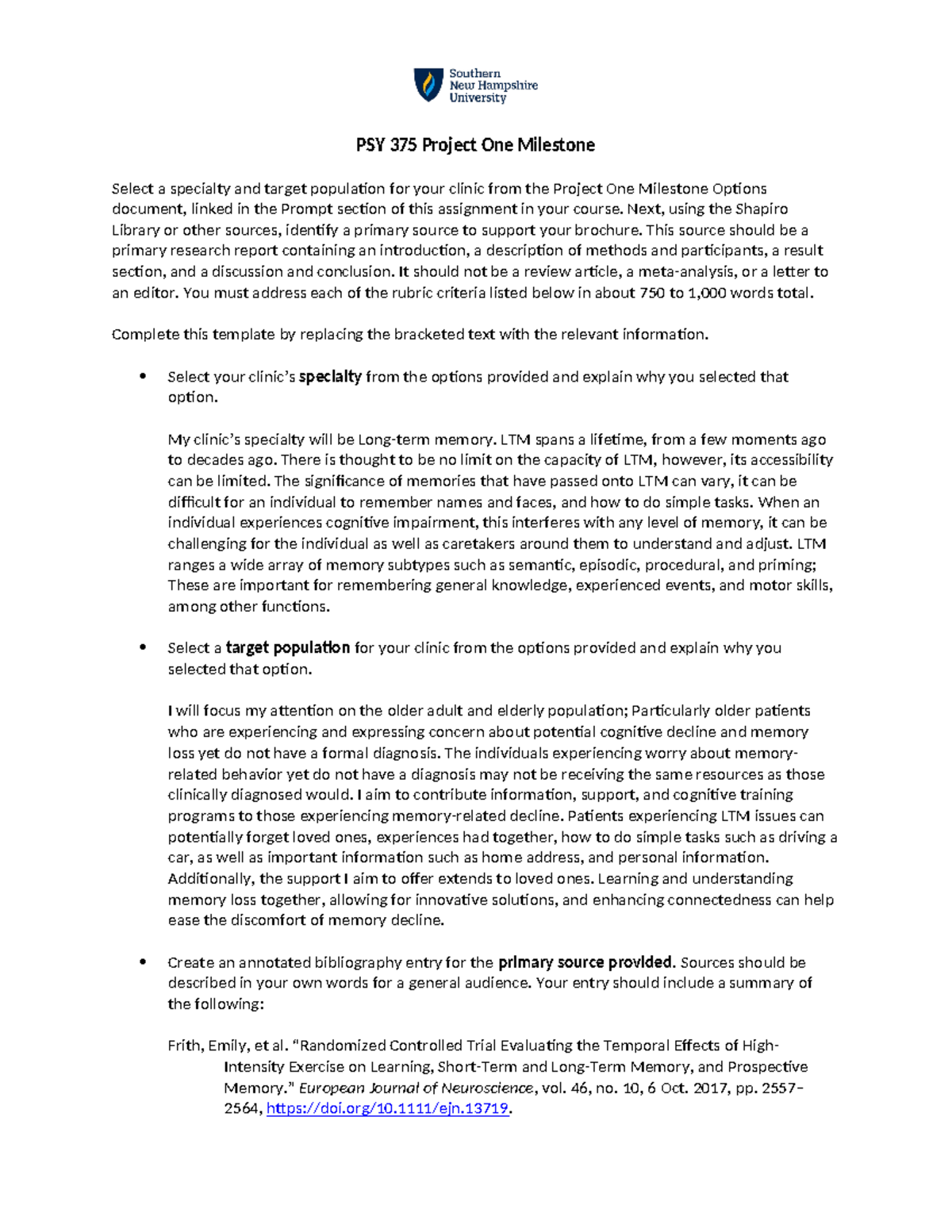 PSY 375 Project One Milestone: Developing a Clinic for Memory Disorders ...