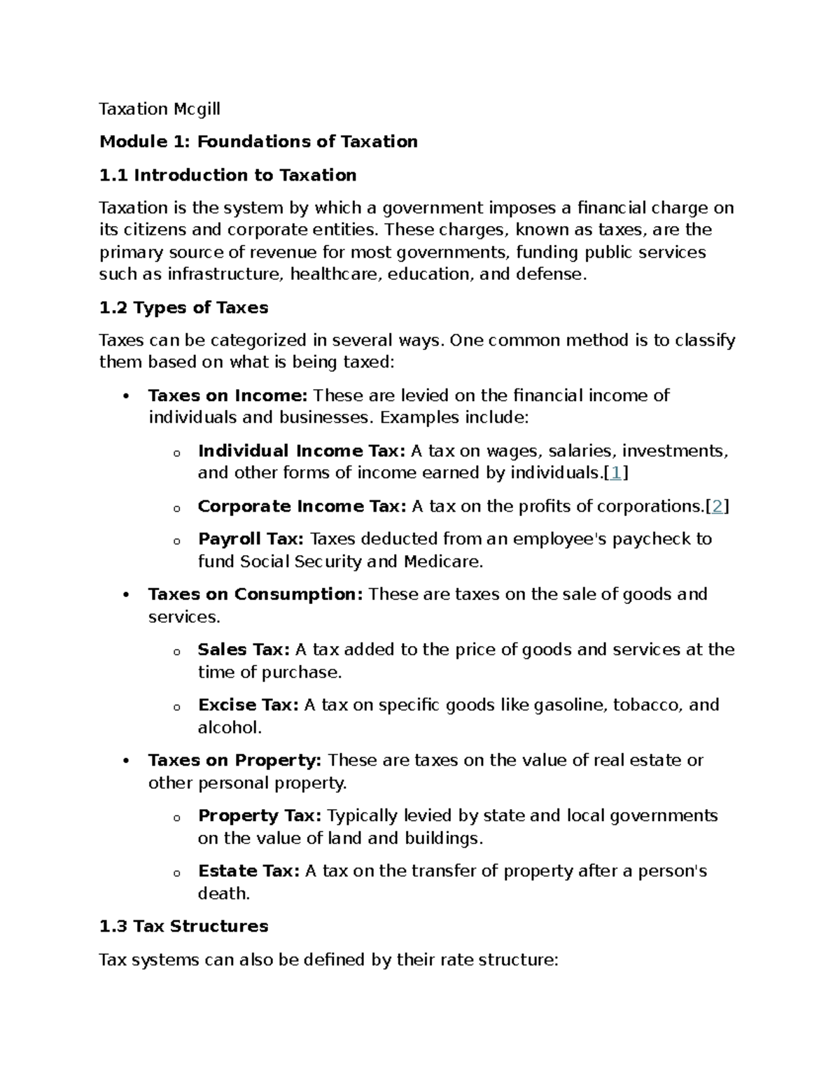 Taxation McGill Module 1: Foundations & Types of Taxes - Studocu