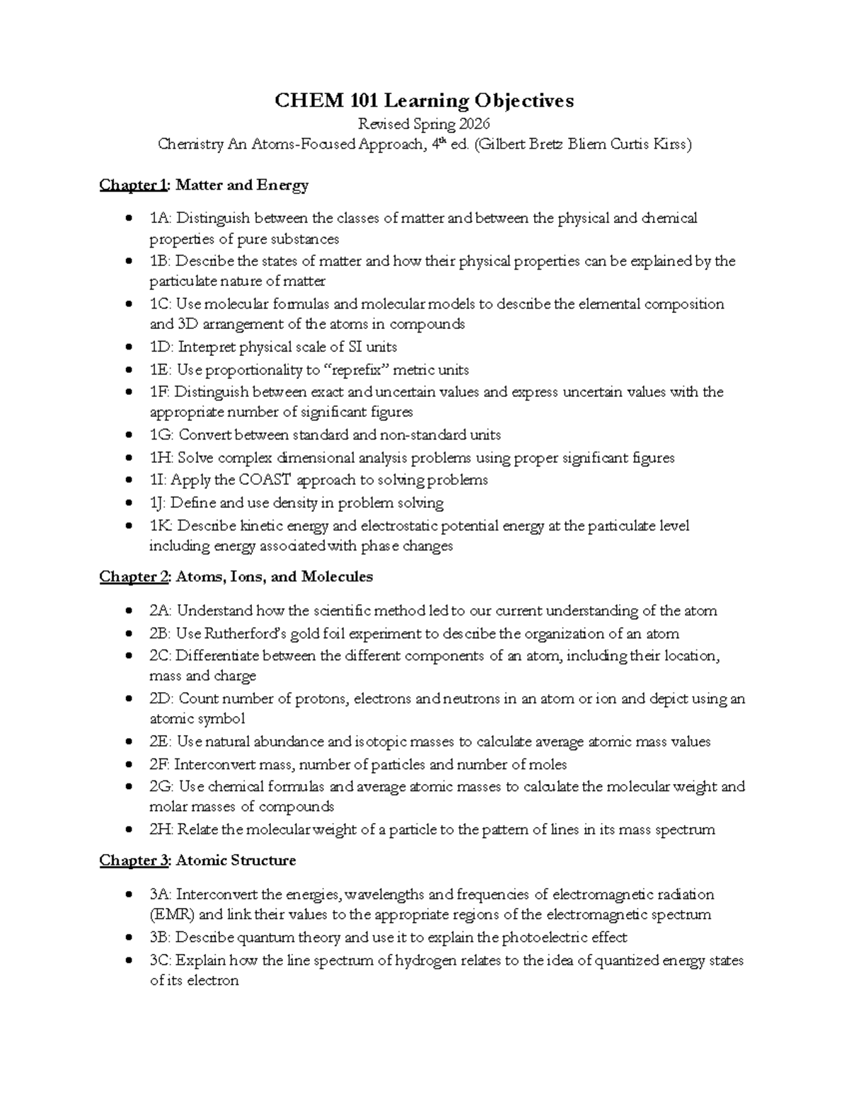 CHEM 101 Learning Objectives: Matter, Energy, and Atomic Structure ...