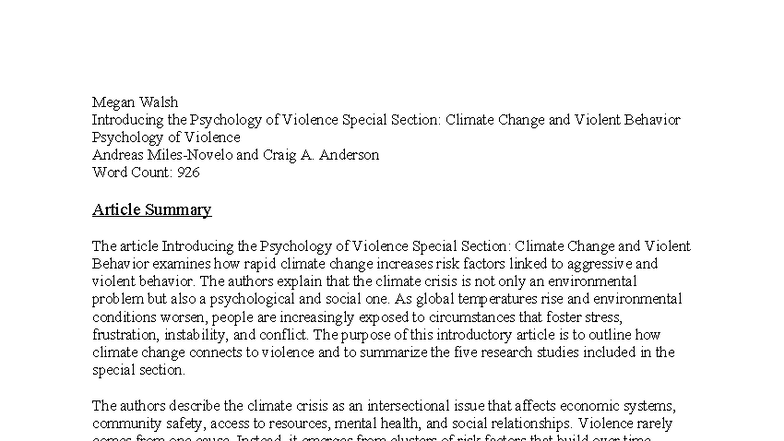 Article Summary 10 - Megan Walsh Introducing the Psychology of Violence ...