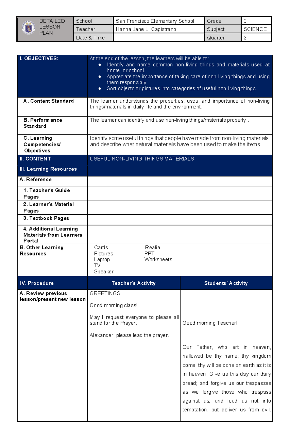 Grade 3 Science Lesson Plan: Understanding Useful Materials - Studocu